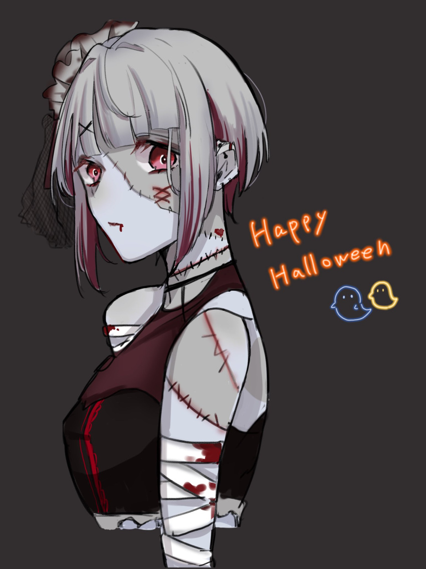 Safebooru - 1girl bandaged arm bandages black background black shirt blood blood from mouth ...