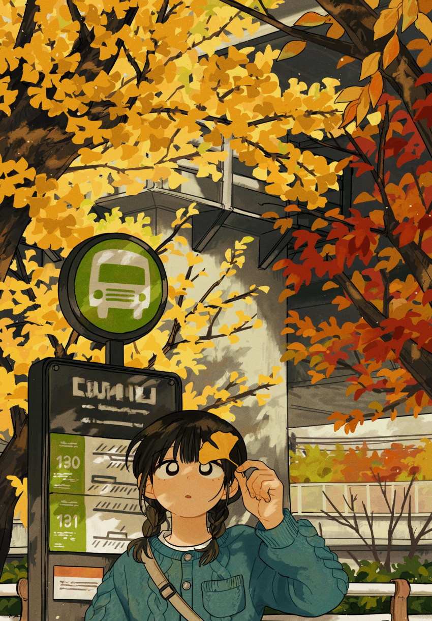 Safebooru - 1girl :o autumn autumn leaves bag black hair blue sweater braid bright pupils dot ...