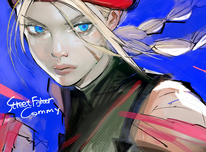 Safebooru - 1girl bare shoulders beret blonde hair blue background blue eyes braid cammy white ...