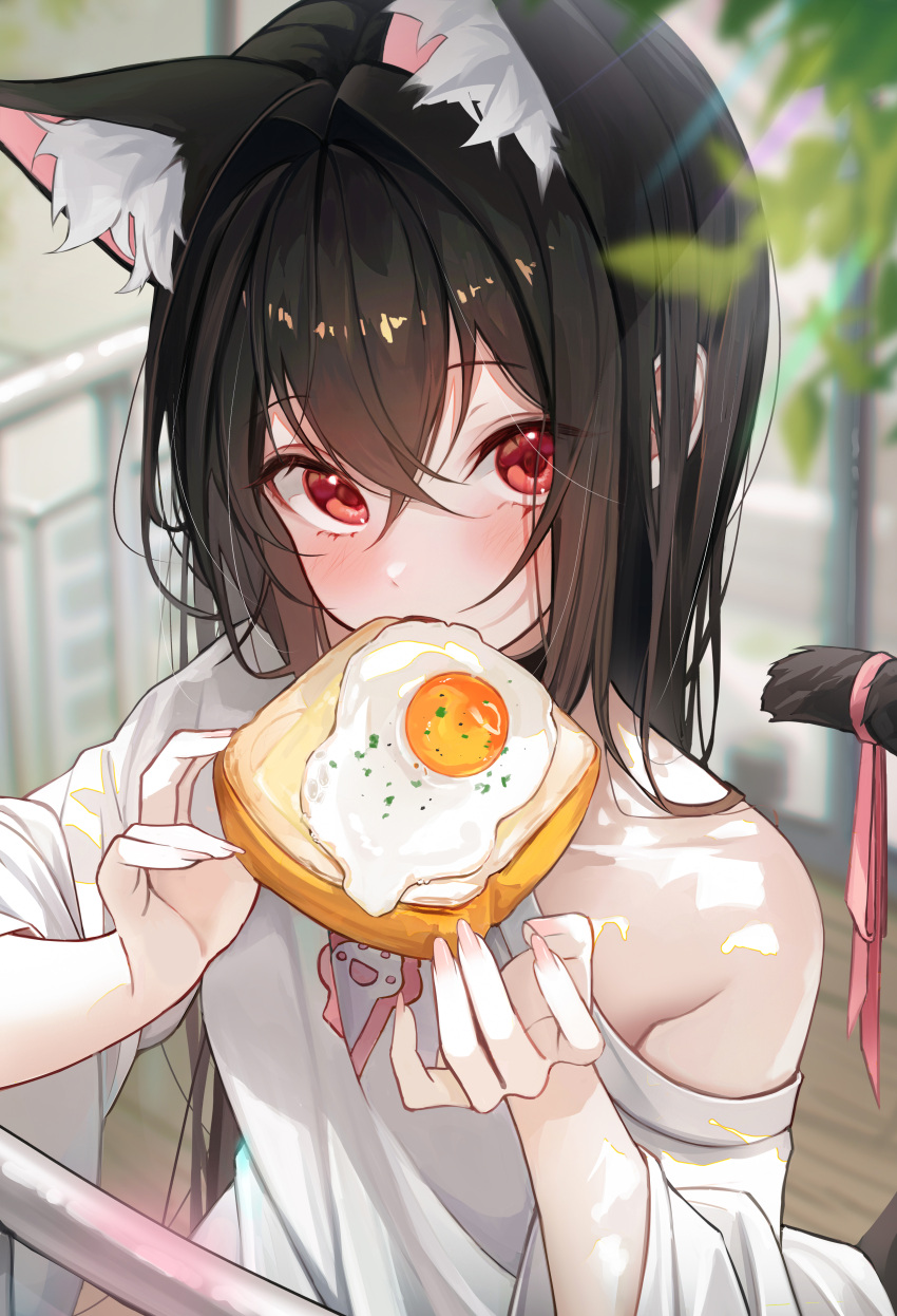 Safebooru - 1girl absurdres animal ear fluff animal ears black hair blush bread bread slice cat ...