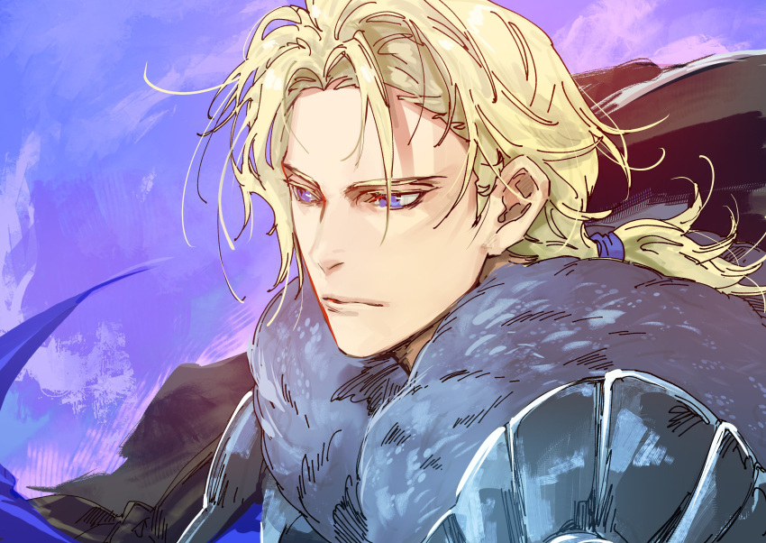 Safebooru - 1boy alternate costume armor black fur blonde hair blue background blue cape blue ...