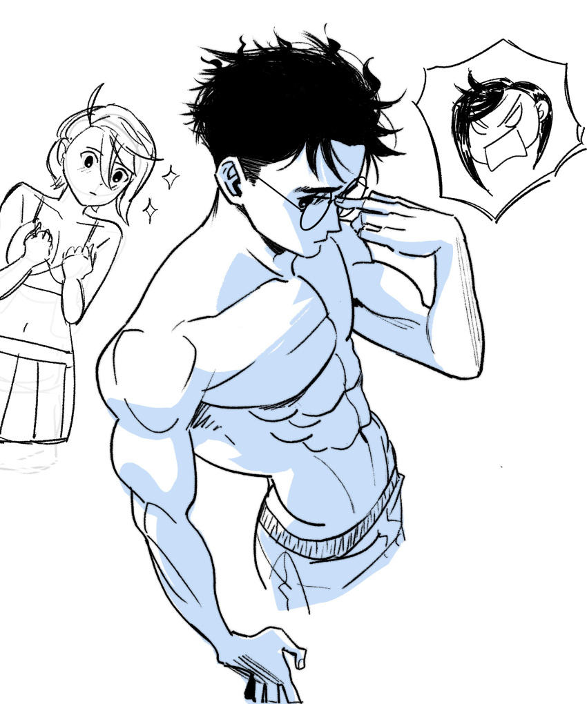 Safebooru 1boy 2girls Abs Absurdres Adjusting Eyewear Ayase Momo 7725