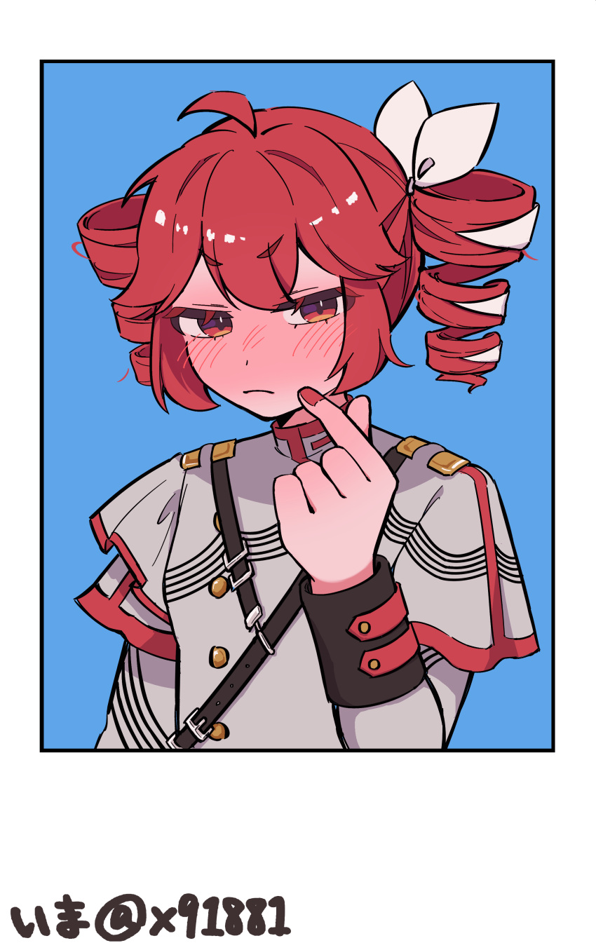 Safebooru - 1girl absurdres ahoge arm at side belt black belt black sleeve cuffs blue background ...