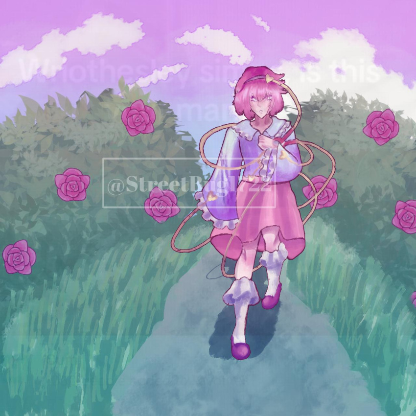 Safebooru - 1girl blue shirt blue sky bush clouds dress flower garden ...