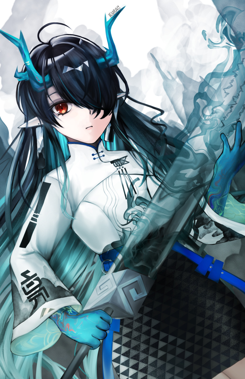 Safebooru - absurdres arknights belt black hair black skirt blue ribbon colored skin dragon girl ...