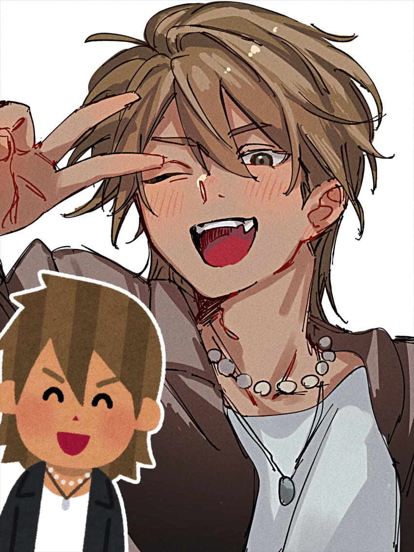 Safebooru - 1boy arm up black jacket blush brown hair collared jacket ...