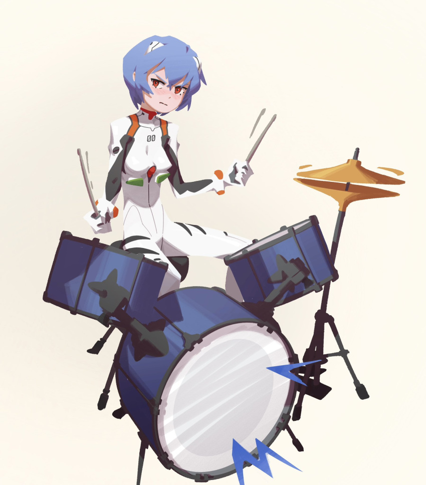 Safebooru - 1girl :| ^^^ angry ayanami rei bass drum blue hair blush bodysuit breasts closed ...