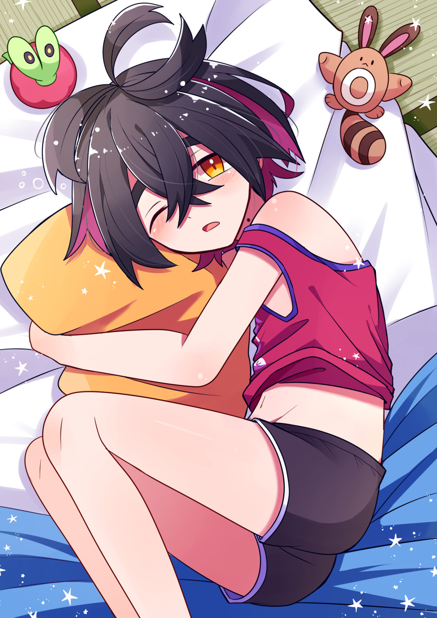 Safebooru - 1boy applin black hair black shorts blush crossed bangs futon hair between eyes ...