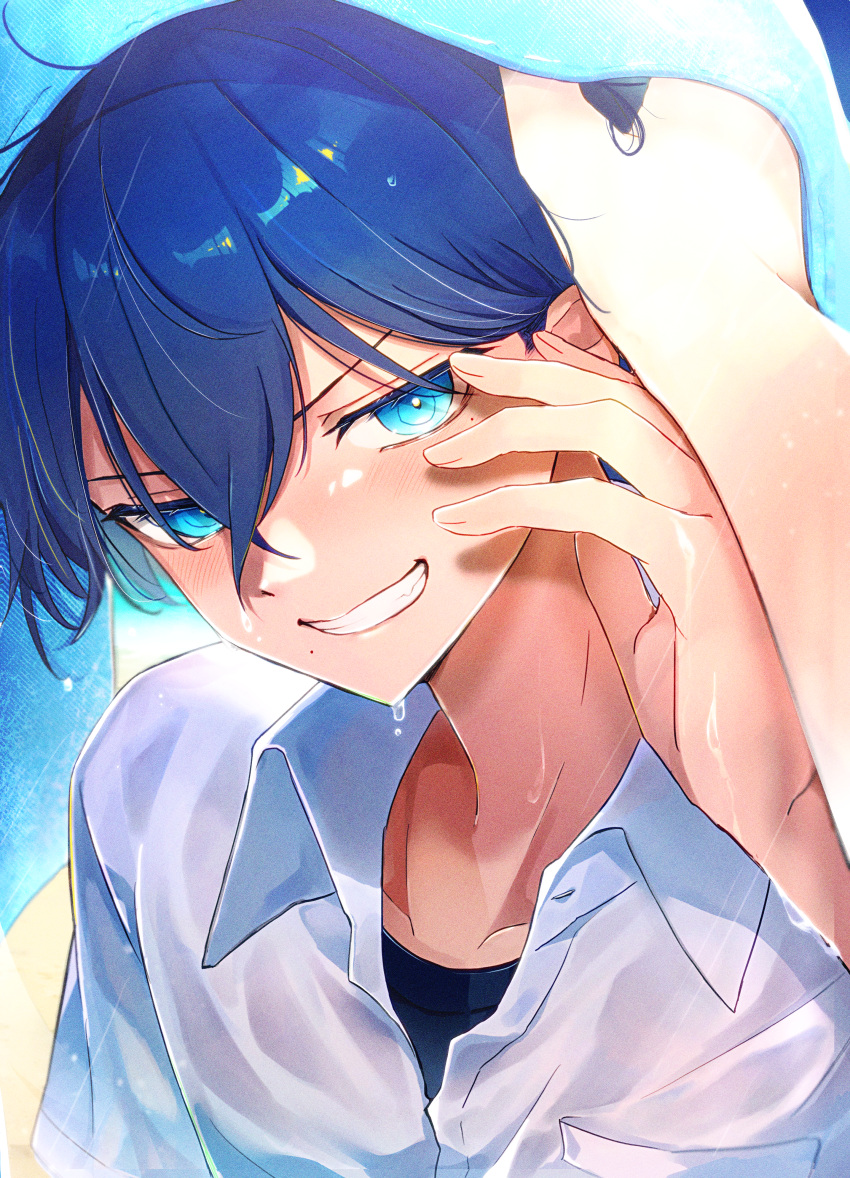 Safebooru - 1boy absurdres black shirt blue eyes blue hair collarbone collared shirt film grain ...