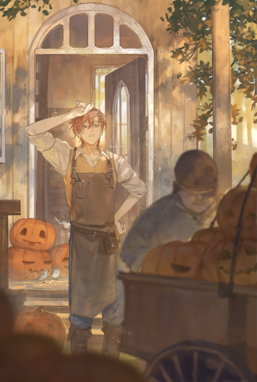 Safebooru - 2boys absurdres apron arch armlet belt belt pouch blue eyes blue pants blurry blurry ...