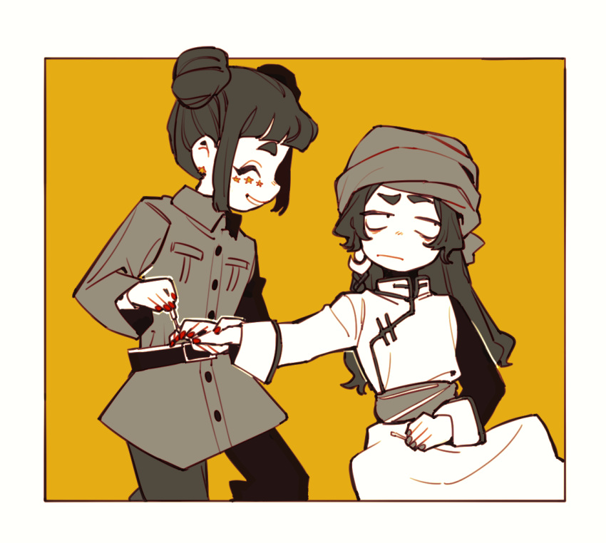 Safebooru - 2girls china china (nanimonothing) deel double bun earrings hair bun headscarf inner ...