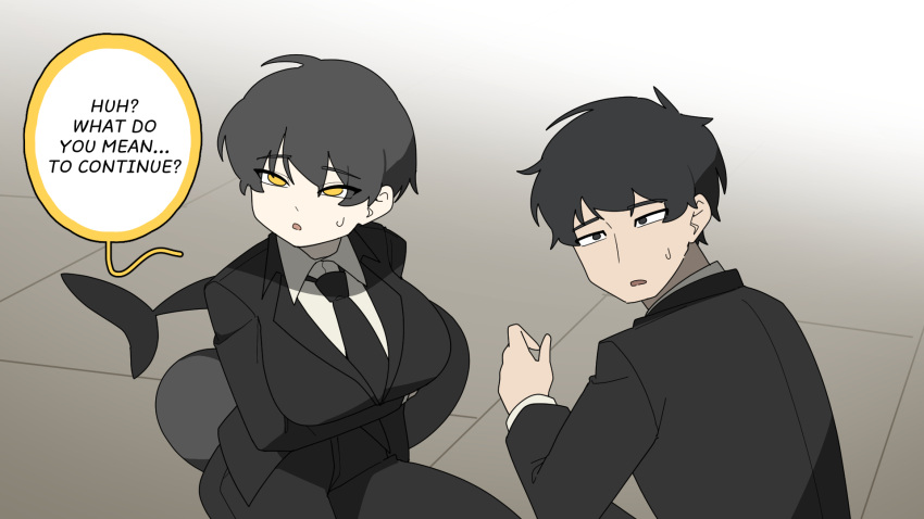 Safebooru - 1boy 1girl black hair black necktie black pants black suit breasts business suit ...