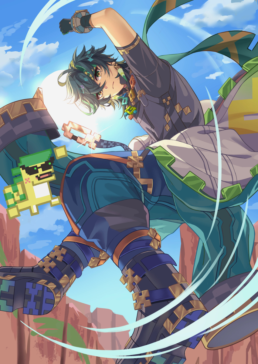 Safebooru - 1boy 1other absurdres ajaw (genshin impact) black footwear black hair black shirt ...