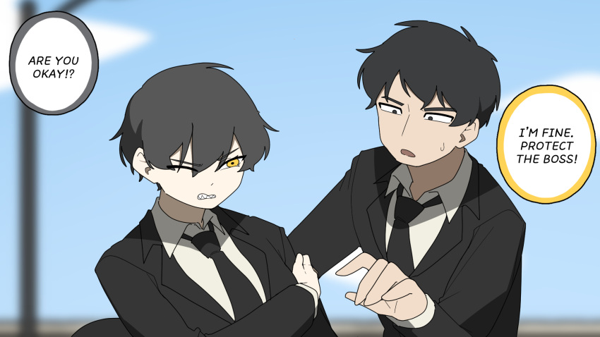 Safebooru - black hair black necktie black suit blue sky breasts business suit collared shirt ...