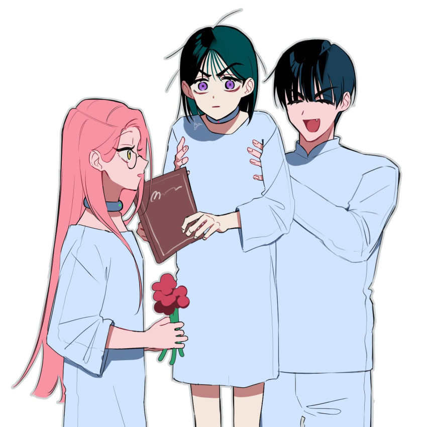 Safebooru - 1boy 2girls aged down alien stage black hair book choker dress fang flower glasses ...