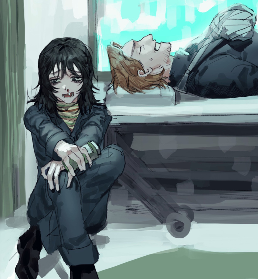 Safebooru - 1boy 1girl anya (mouthwashing) arm sling bed black eyes ...
