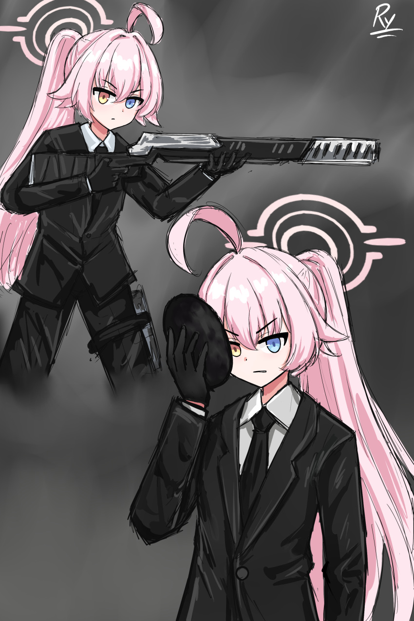 Safebooru - 1girl absurdres ahoge arm up black gloves black jacket black necktie black pants ...