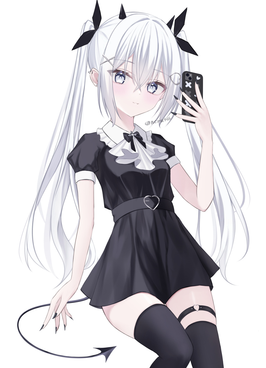 Safebooru - 1girl absurdres black dress black nails black ribbon black thighhighs cellphone ...
