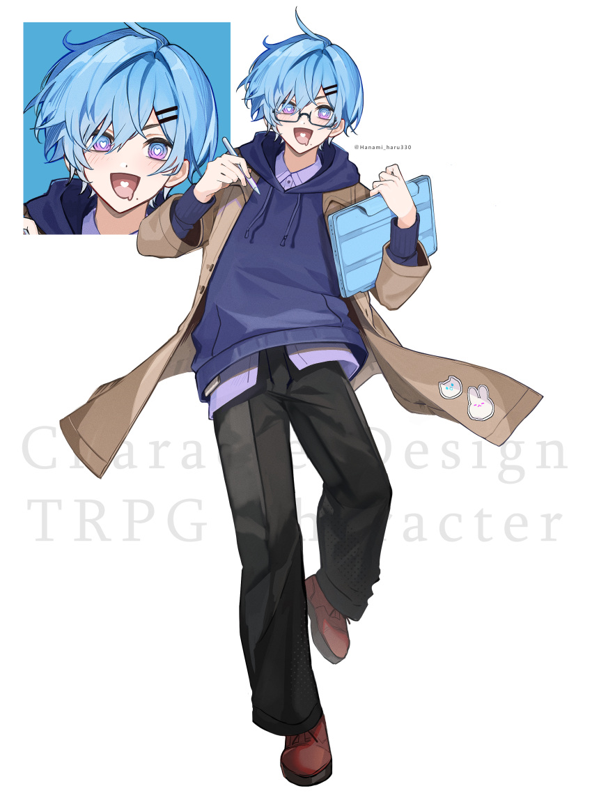 Safebooru - 1boy :d absurdres black-framed eyewear black pants blue eyes blue hair bright pupils ...