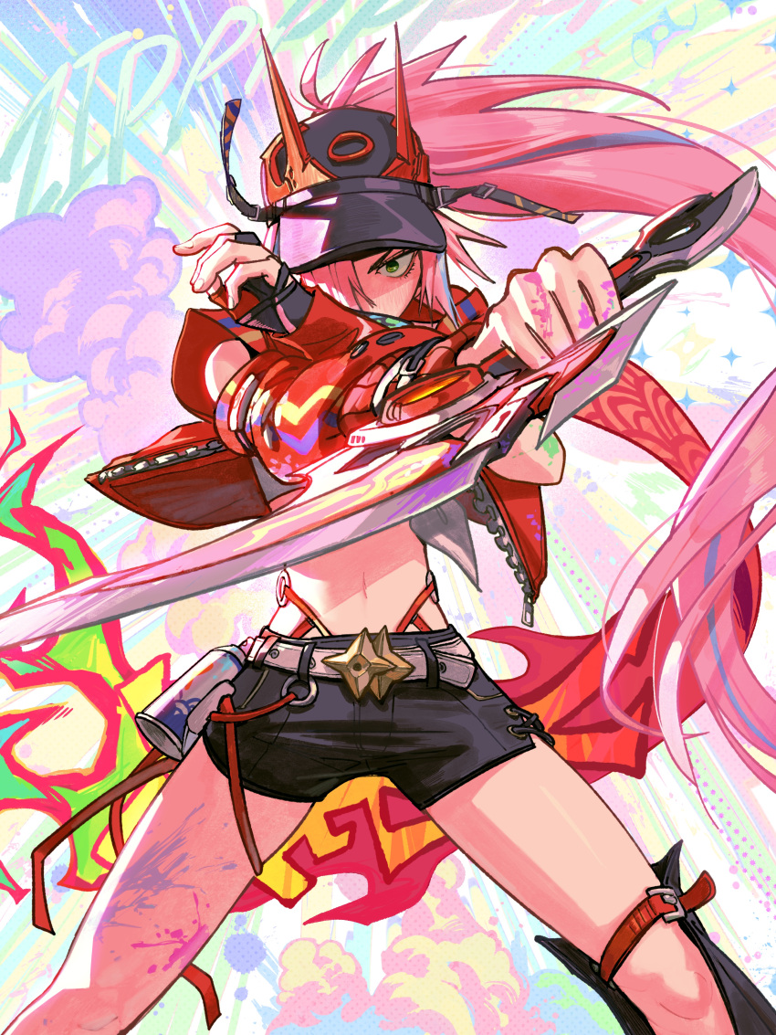 Safebooru - 1girl absurdres baseball cap black hat black shorts boots commentary crop top ...