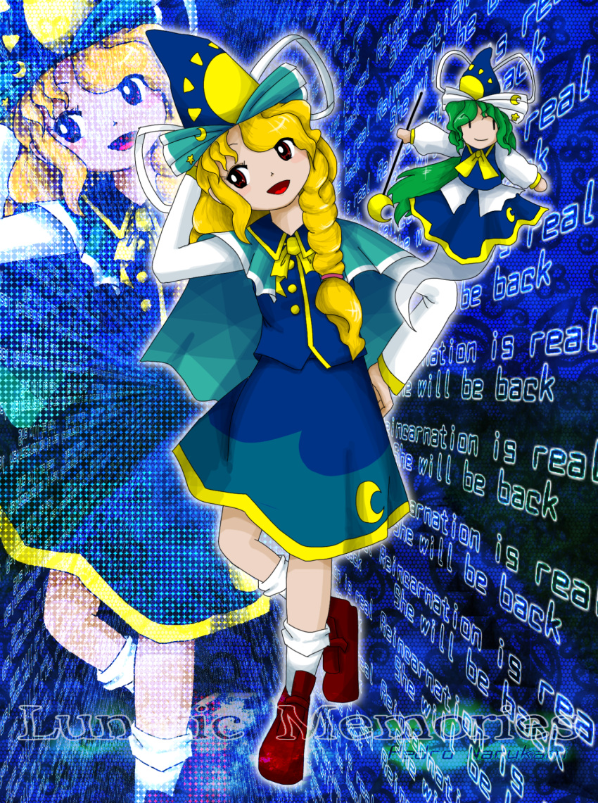 Safebooru - 2girls artist name blue background blue dress blue hat boots bow bowtie brown eyes ...