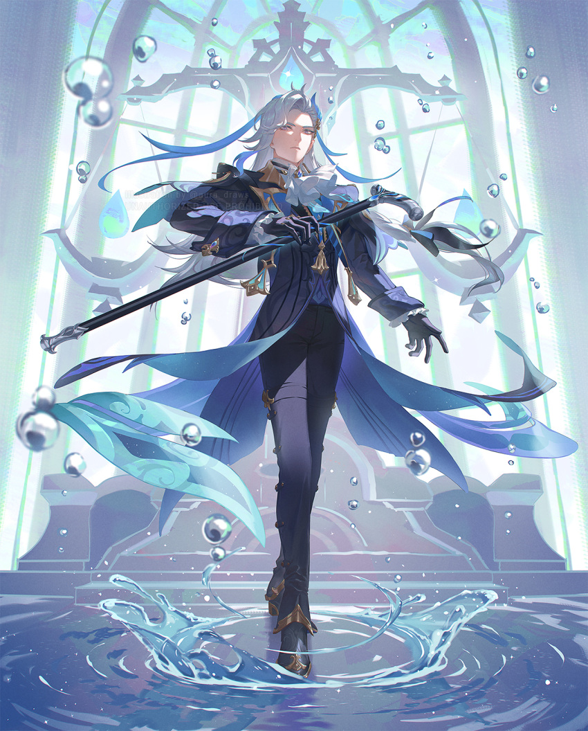 Safebooru - 1boy ascot aura draws black gloves black pants blue hair blue jacket closed mouth ...