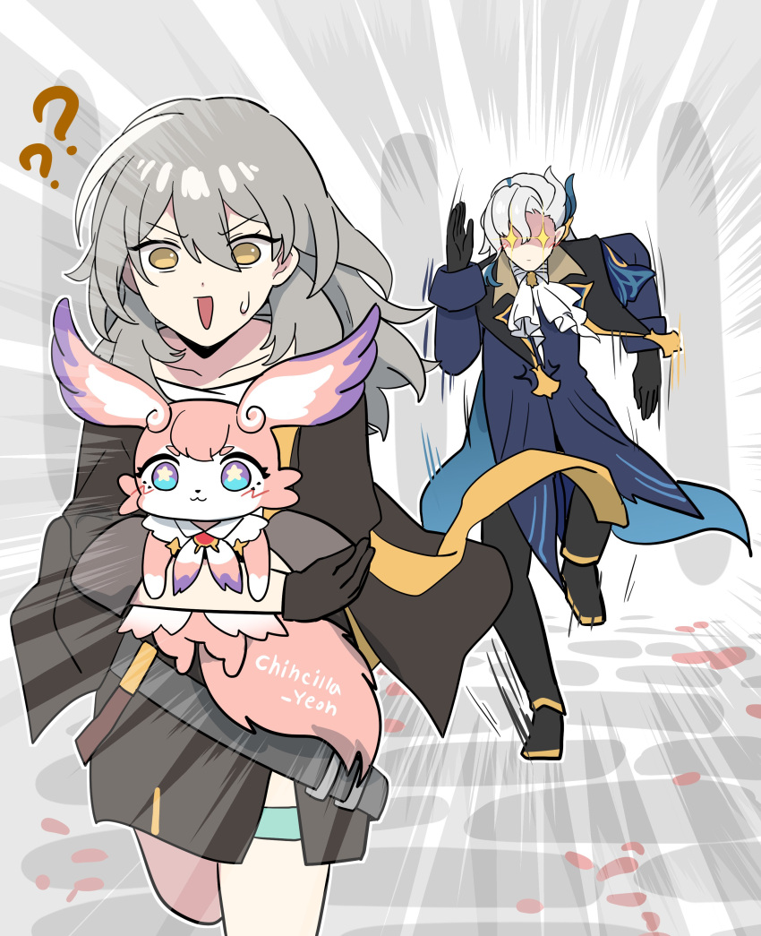 Safebooru - 1boy 1girl ? absurdres chasing coat company connection ...