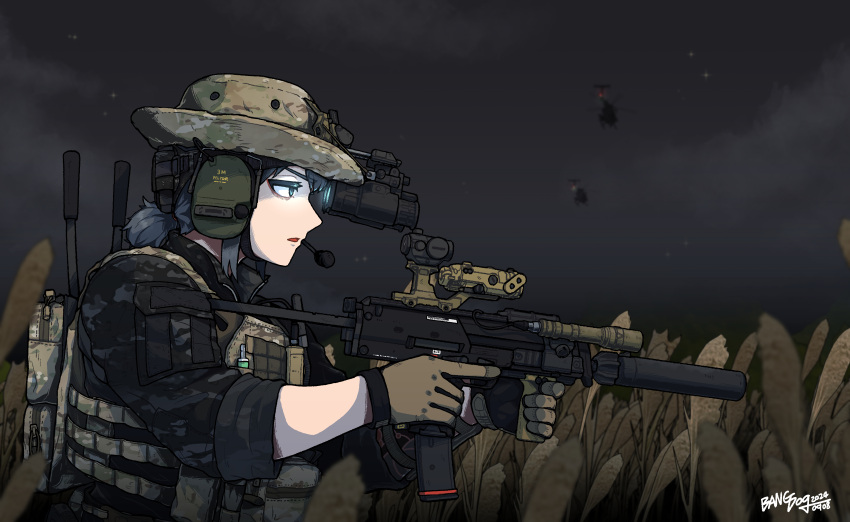 Safebooru - 1girl absurdres aircraft artist name bangdog black hair boonie hat brown gloves ...