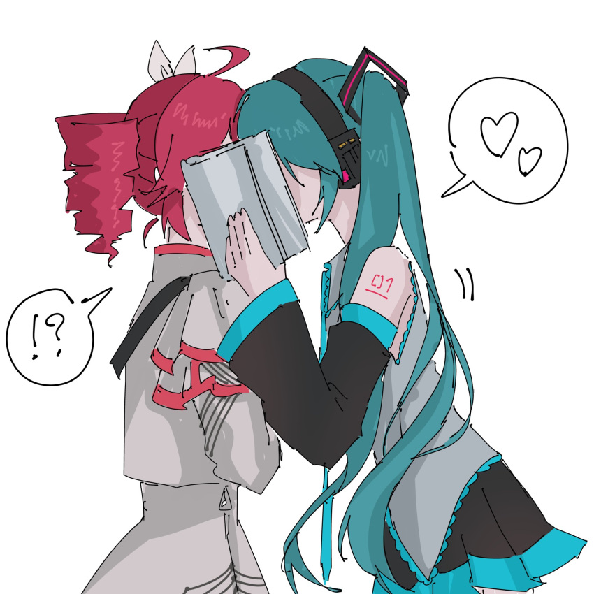 Safebooru - !? 2girls aqua hair arm tattoo black skirt book covering face detached sleeves drill ...