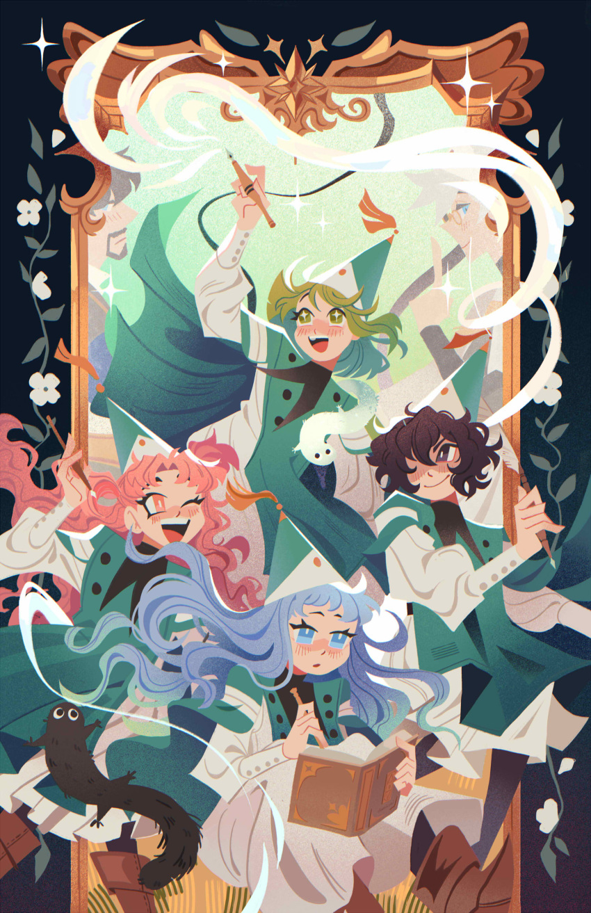 Safebooru - 2boys 4girls agate (tongari boushi no atelier) black hair blue eyes blue hair ...