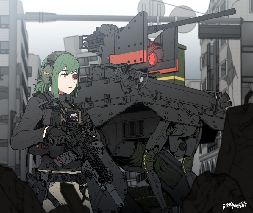 Safebooru - 1girl absurdres artificial eye assault rifle bangdog black gloves bulletproof vest ...