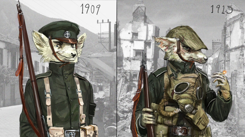 Safebooru - 1boy ammunition cigarette furry gas mask gun highres ...