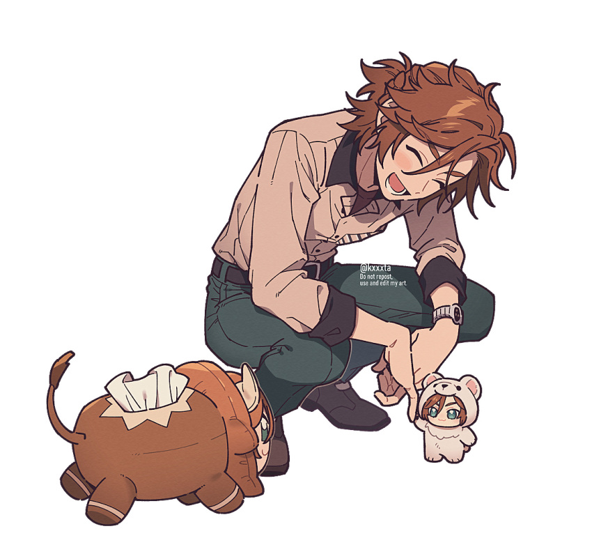 Safebooru - 1boy belt black belt black footwear brown hair character doll closed eyes ensemble ...