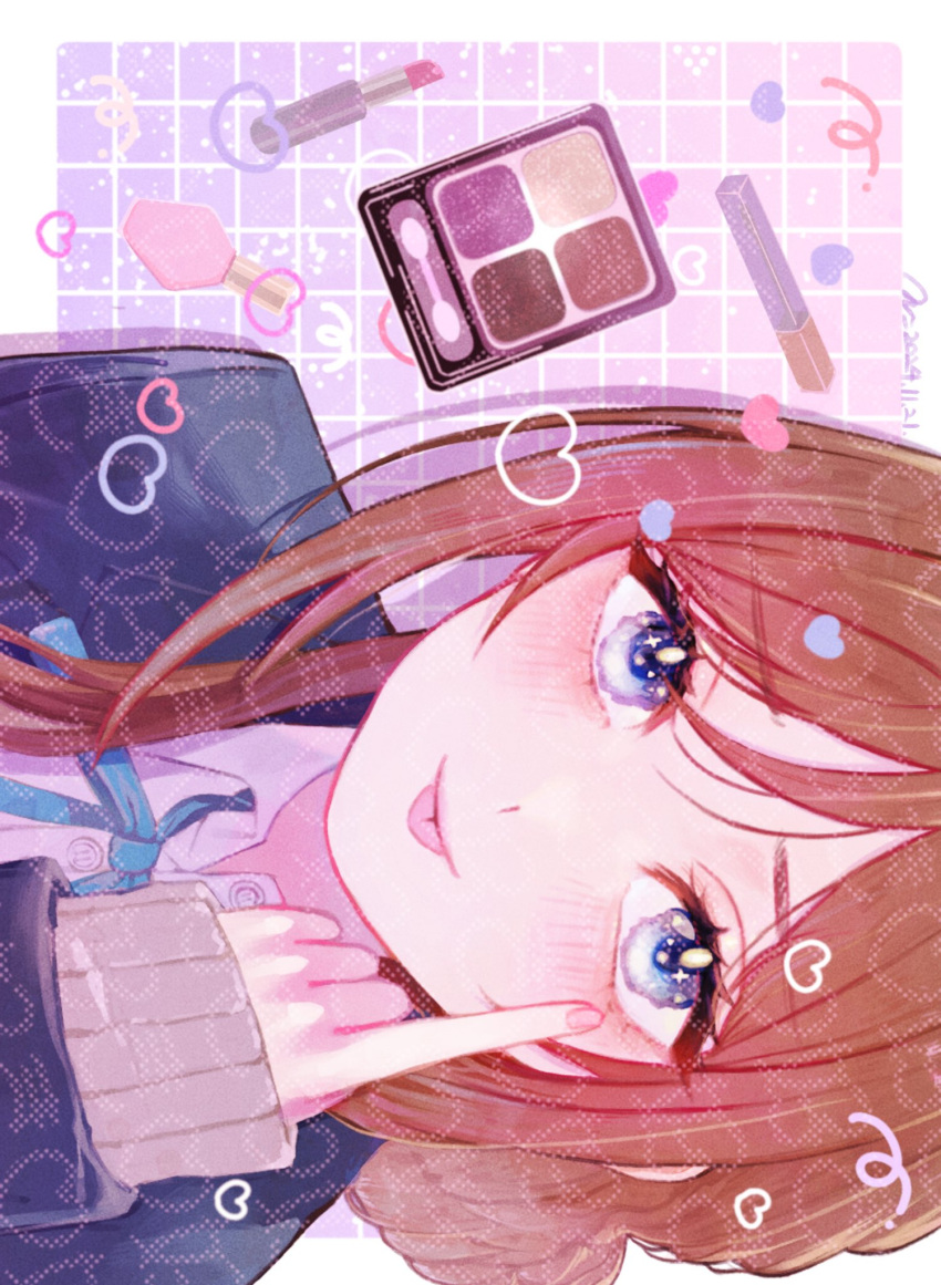Safebooru - 1girl :p akanbe atari (eurf8445) blue eyes blue ribbon blush brown hair close-up ...