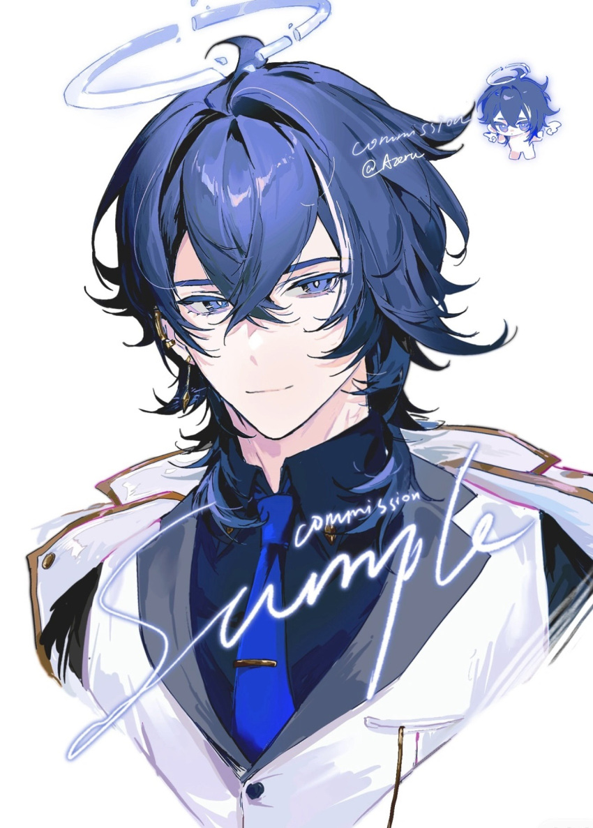 Safebooru - 1boy ahoge azeru (vtuber) black hair black shirt blue eyes blue necktie broken halo ...