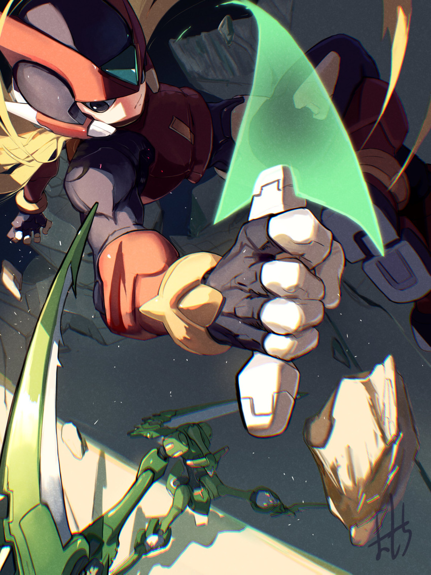 Safebooru - absurdres arm blade armor battle black eyes blonde hair deathtanz mantisk (mega man ...