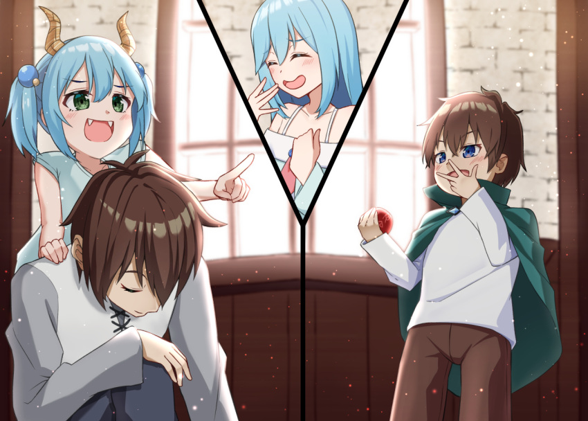Safebooru - 2boys 2girls :d ^ ^ aqua (konosuba) bare arms black pants blue dress blue eyes blue ...