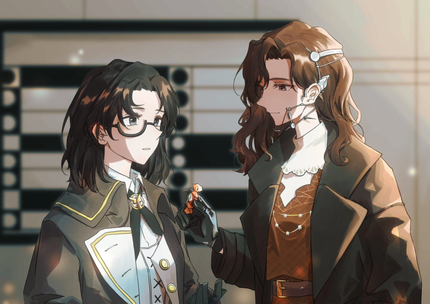 Safebooru - 2girls black-framed eyewear black eyes black gloves black hair blurry blurry ...