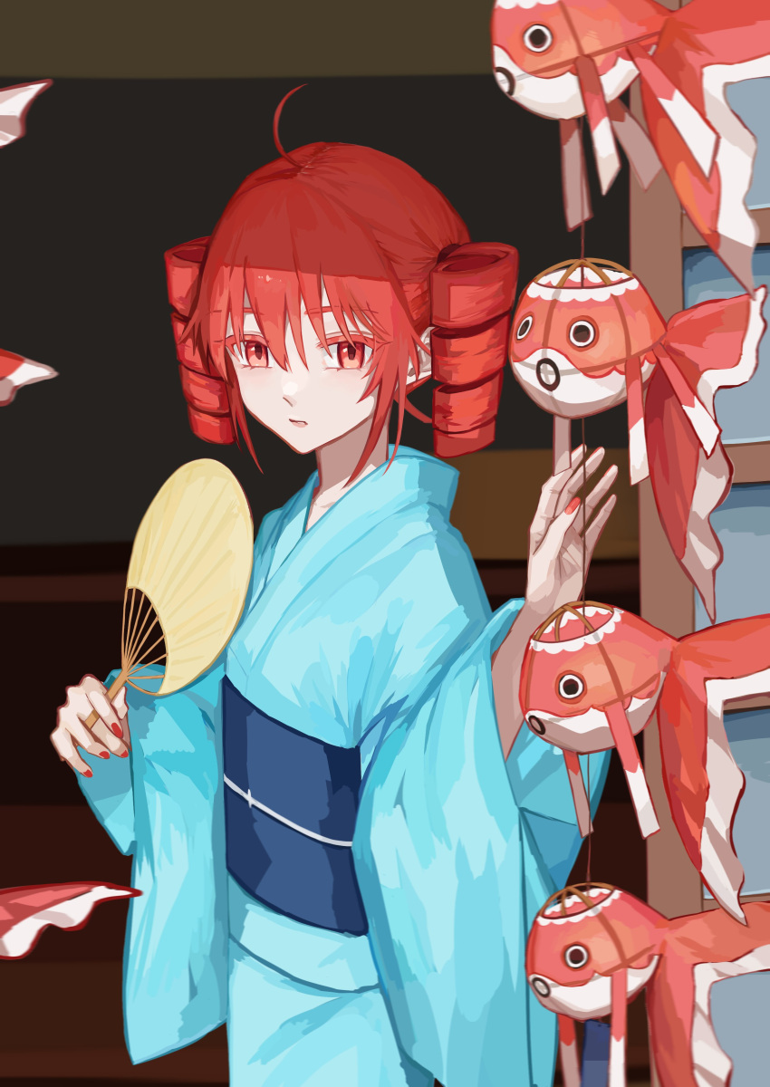 Safebooru - 1girl absurdres ahoge alternate costume blue kimono double-parted bangs drill hair ...