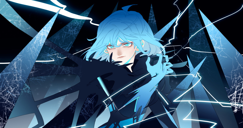 Safebooru - 1girl abstract background black bodysuit blue eyes blue gloves blue hair bodysuit ...