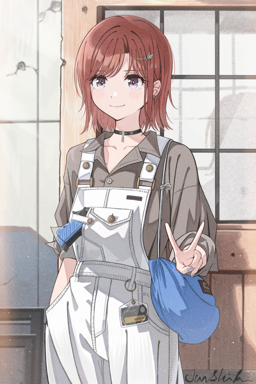 Safebooru - 1girl absurdres against door black choker blue bag blue nails brown hair brown shirt ...