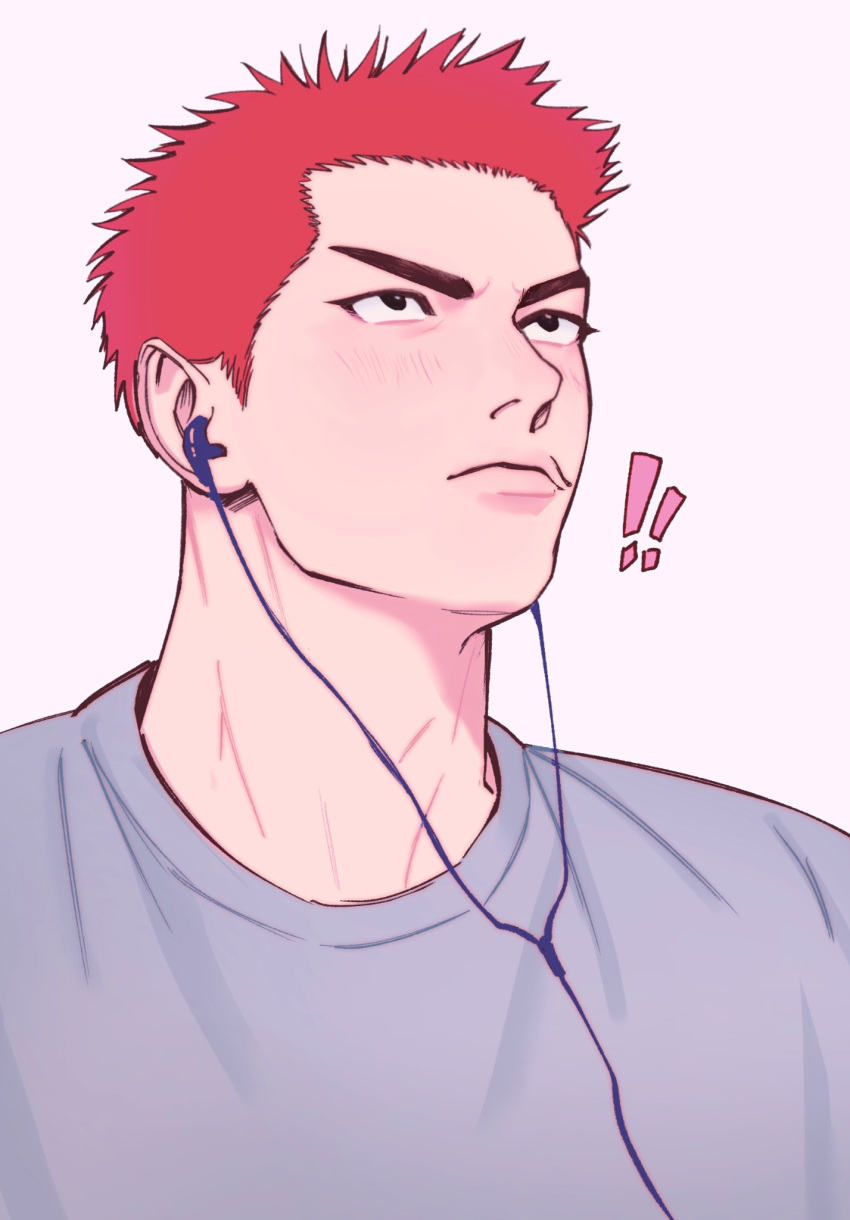 Safebooru - ! !! 1boy black eyes closed mouth earphones grey shirt highres looking up male focus ...