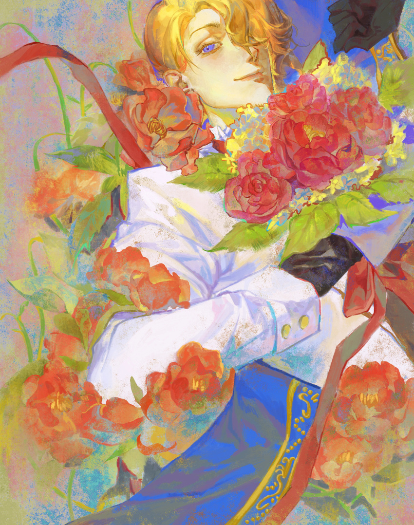 Safebooru - 1boy absurdres axis powers hetalia blonde hair blue eyes bouquet flower france ...