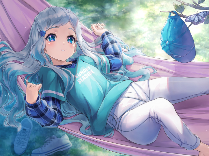 Safebooru - 1girl absurdres baseball cap blue eyes blue hair blush bug butterfly day from above ...