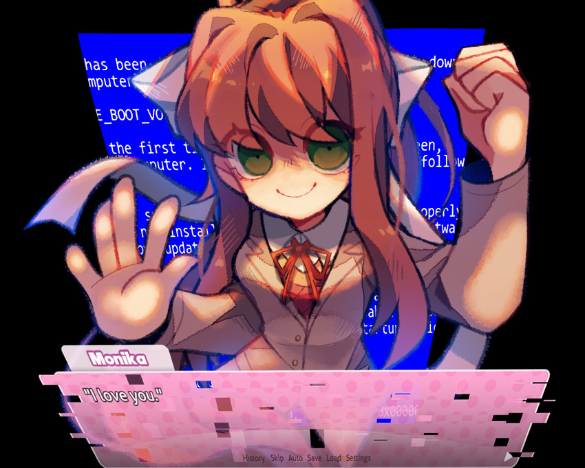 Safebooru - 1girl blue screen of death bow brown hair doki doki literature club glitch green ...