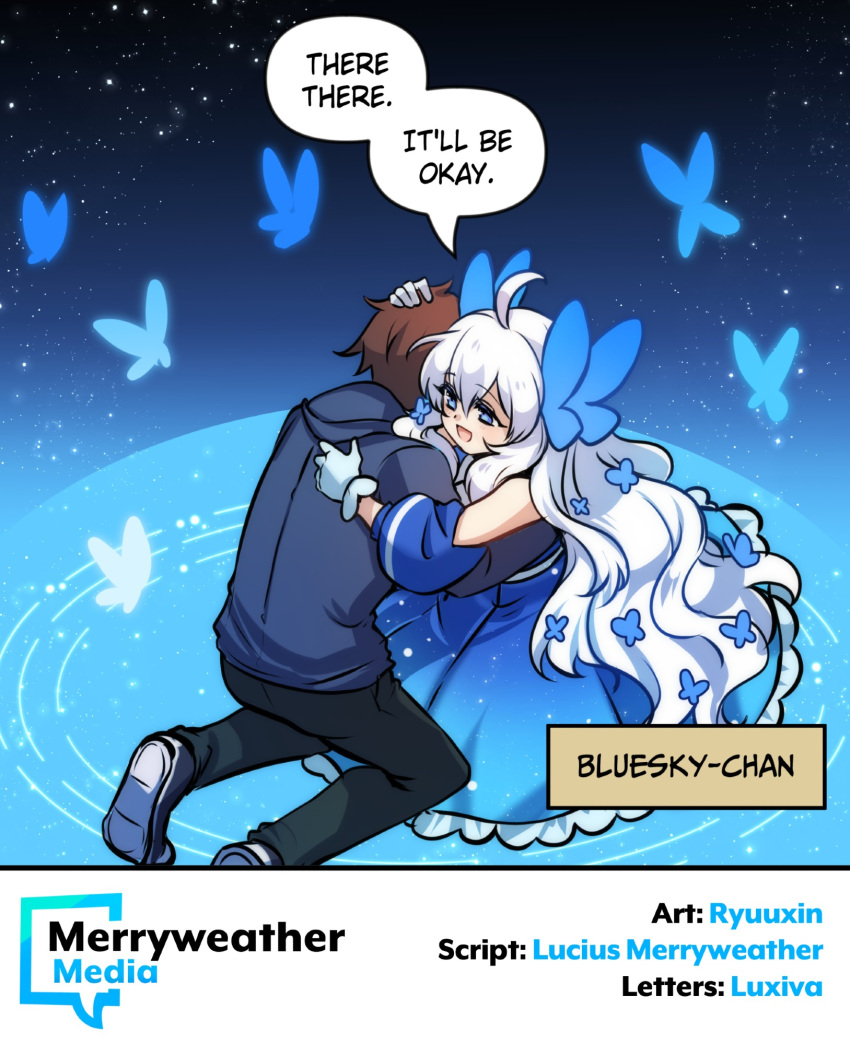Safebooru - 1boy 1girl :d ahoge black pants blue dress blue eyes blue ...