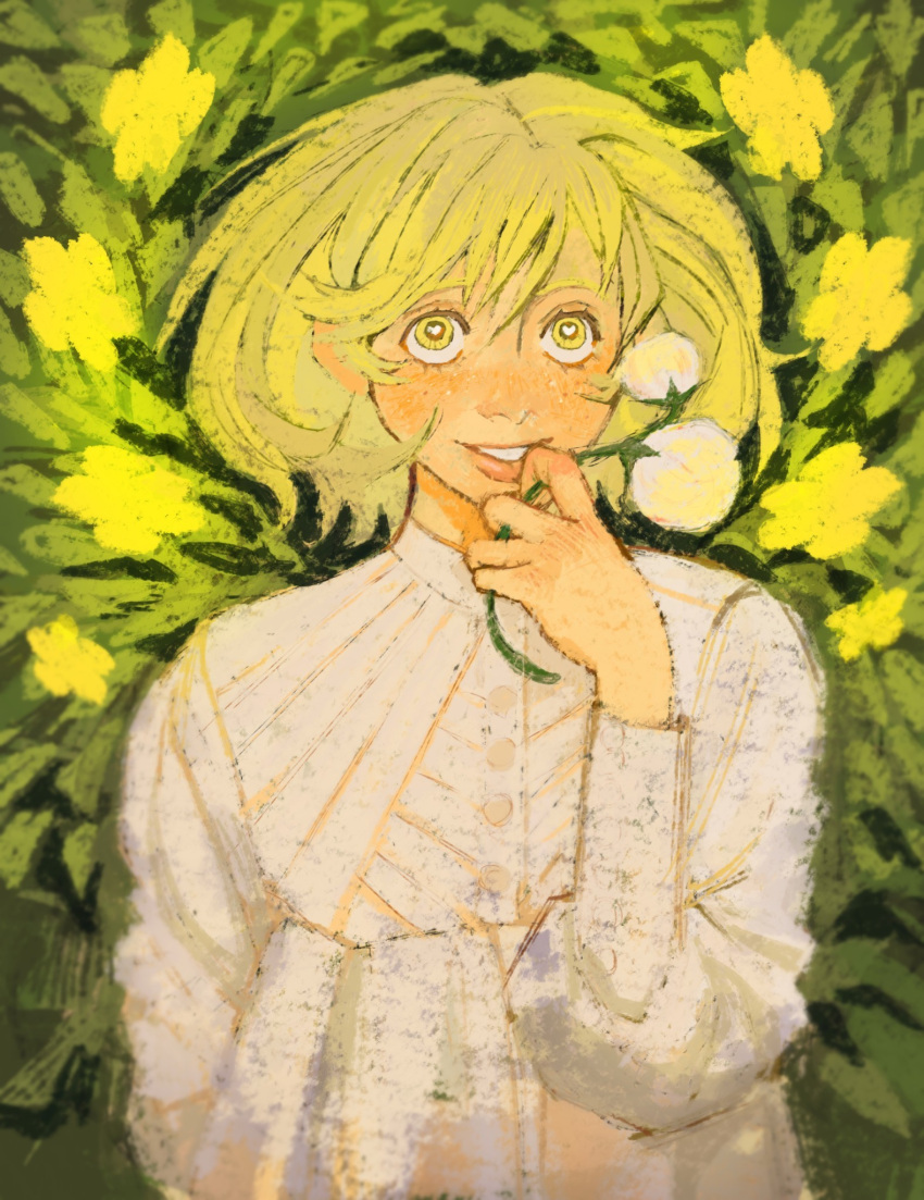 Safebooru - 1girl blush coco (tongari boushi no atelier) flower green eyes green hair holding ...