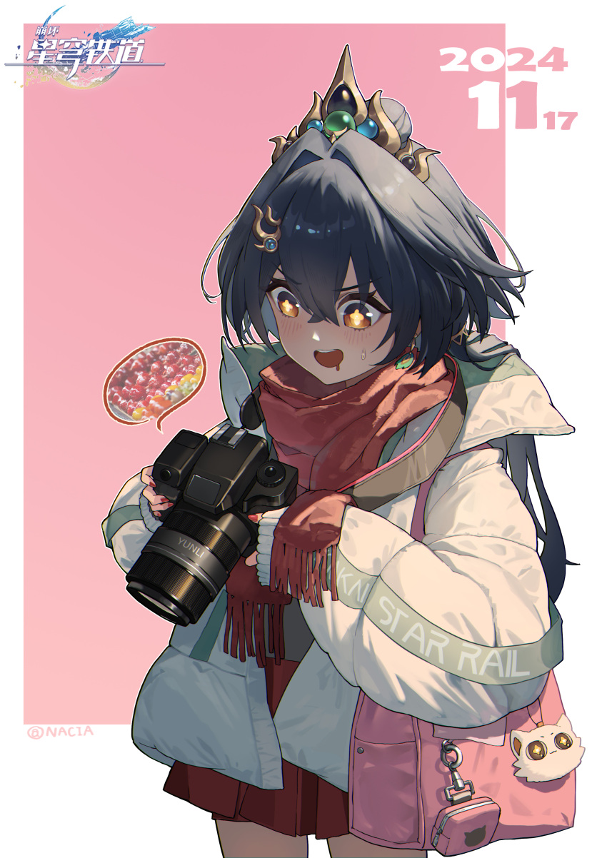 Safebooru - 1girl absurdres artist name bag blue hair blush camera camera hold pose (han-0v0 ...