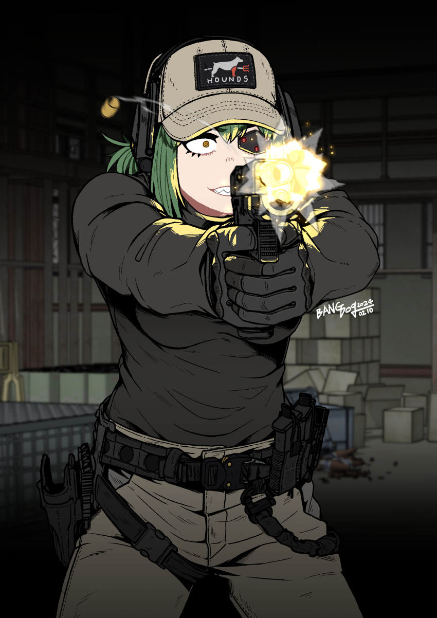 Safebooru - 1girl absurdres bangdog belt black shirt casing ejection ear protection firing ...