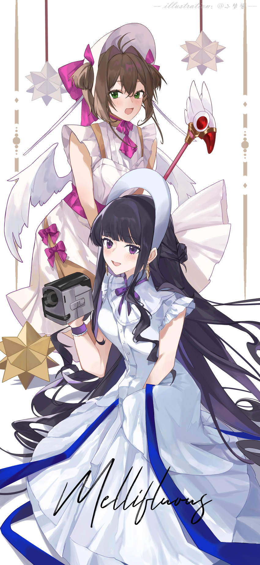 Safebooru - 2girls absurdres alternate costume angel wings antenna hair artist name black hair ...
